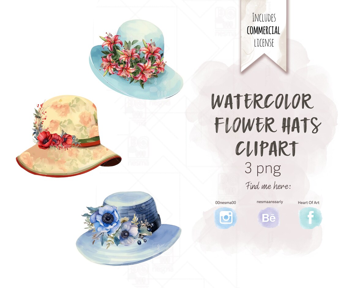 Watercolor Flower Hats Clipart: Cozy Boho Summer Fashion Illustrations ...