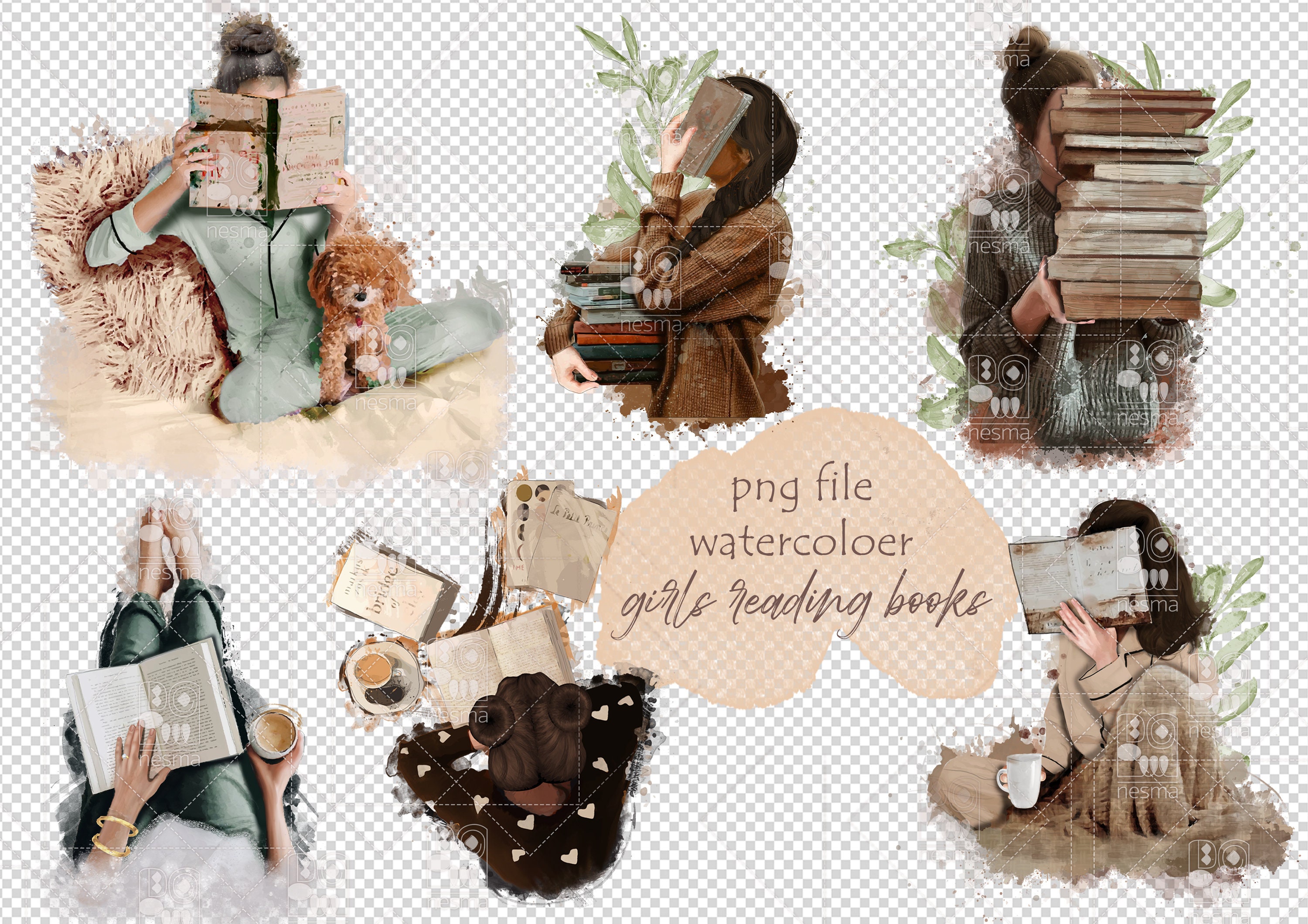 Watercolor Girl Reading Clipart Girls With Watercolor Books - Etsy