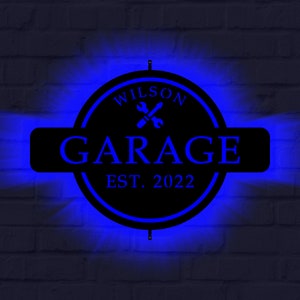 Custom Neon Garage Sign, LED Backlit Garage Metal Sign, Personalized ...