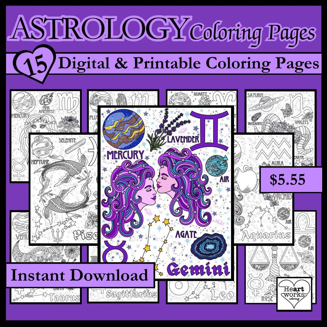 Zodiac Coloring Pages: 15 Astrology Designs (PDF, PNG) - Etsy