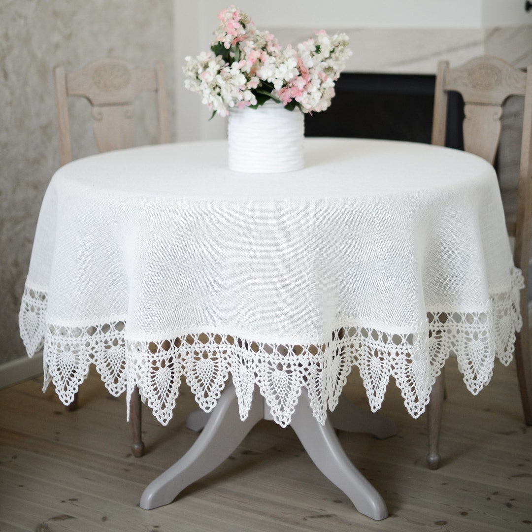 Milk White Linen Round Tablecloth With Crocheted Lace Hand-woven on ...