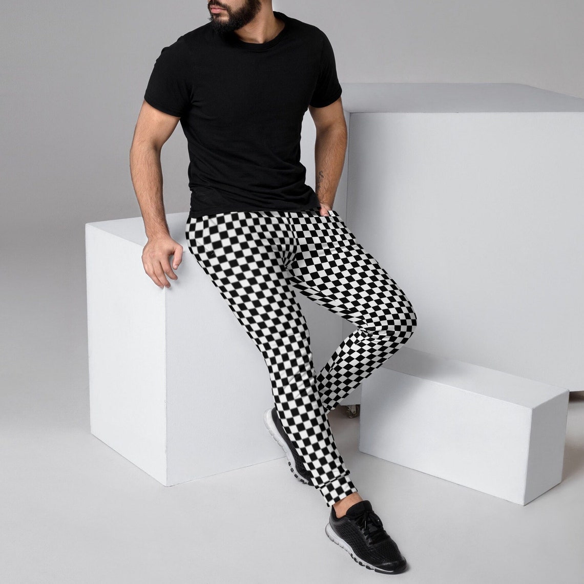 Small Checkered Print Trousers, Black and White Checked Joggers ...