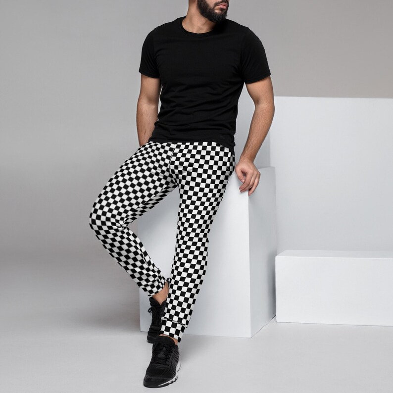 Small Checkered Print Trousers, Black and White Checked Joggers ...