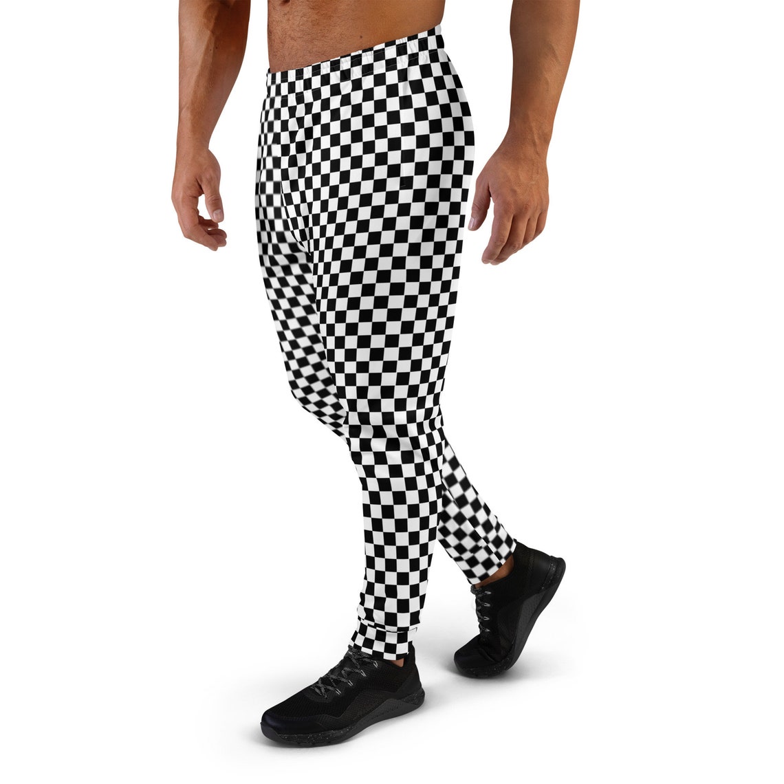 Small Checkered Print Trousers, Black and White Checked Joggers ...
