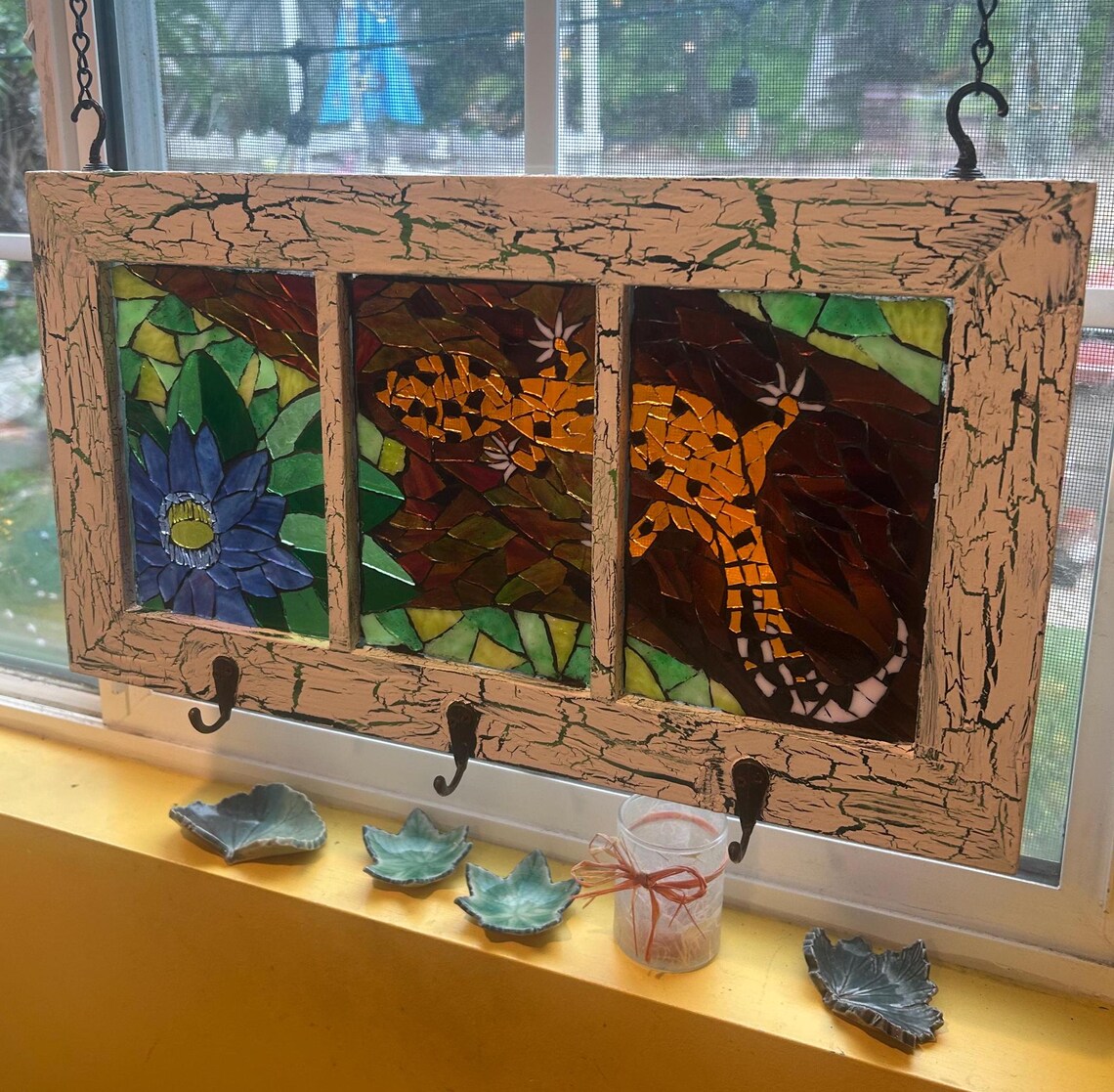 Stained Glass Mosaic, Leopard Gecko With Flower - Etsy