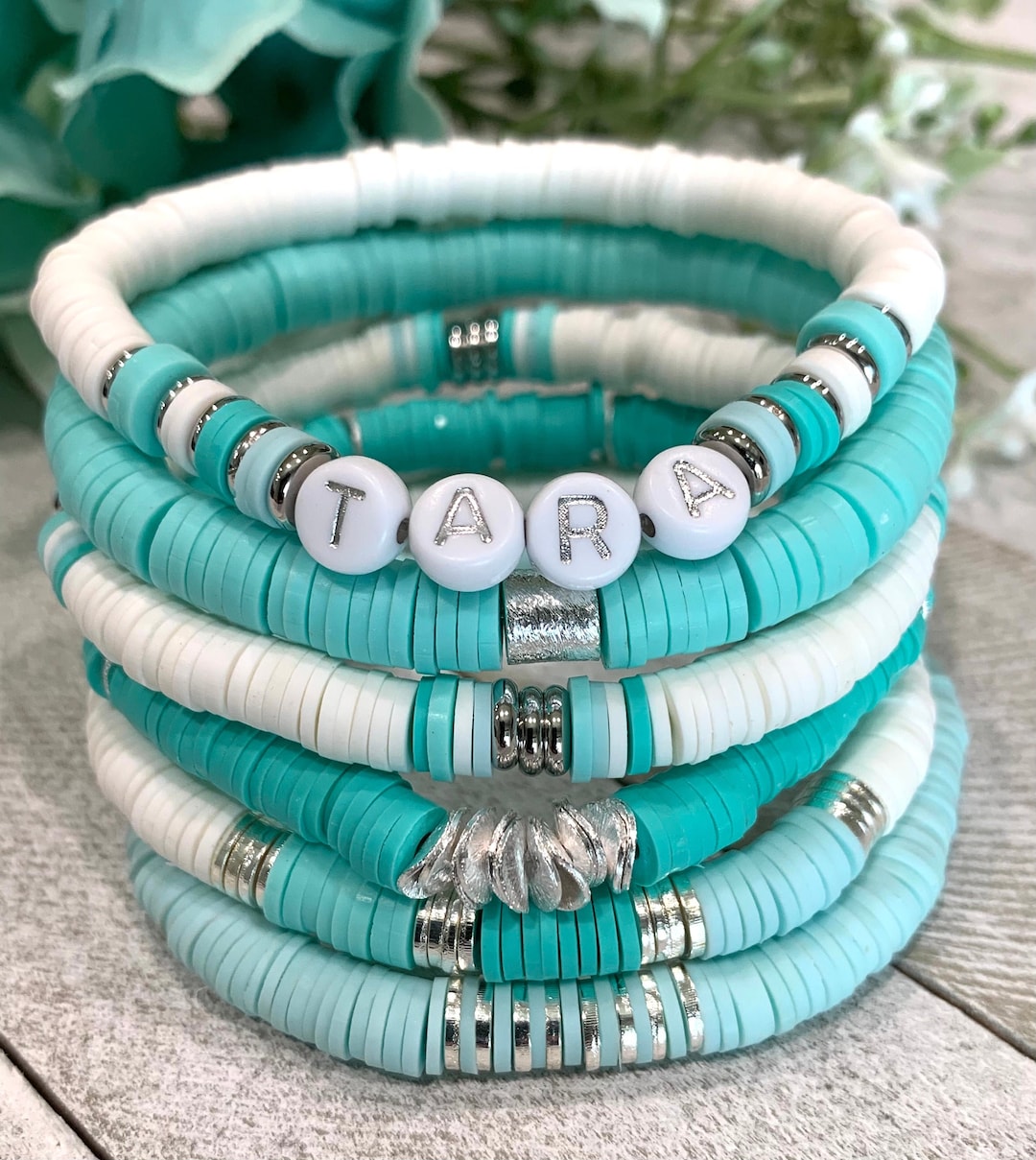 Turquoise Beaded Bracelet for Women, Heishi Bead Bracelet Stack Custom, Boho Jewelry Set, Tween ...