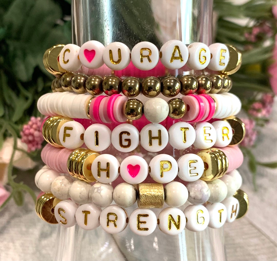 Breast Cancer Awareness Bracelet Custom, Heishi Bead Bracelet Stack ...