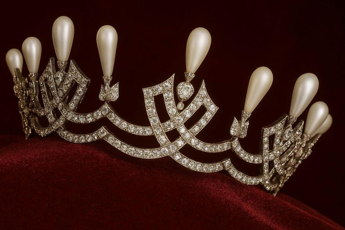 Empress Maria Fedonovra Pearl Spike Tiara in Sterling Silver/ Cubic ...
