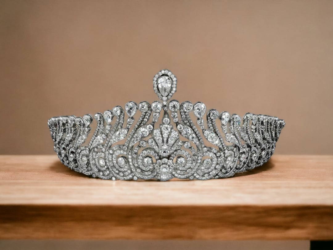 925 Sterling Silver Prussian Meander Tiara White Gold Plated Cusbic ...
