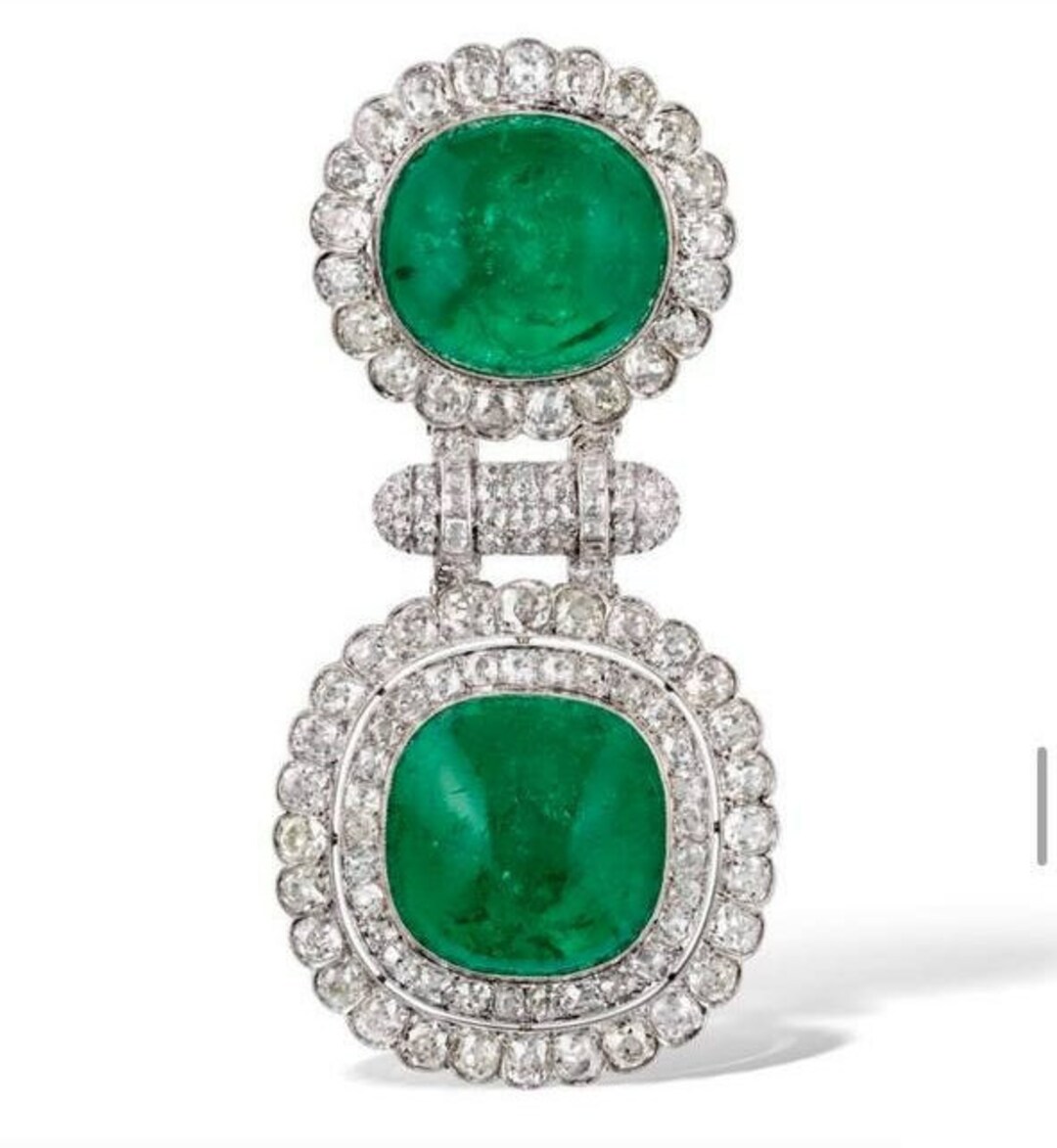 Art Deco Queen Victoria Eugenie's Cabochon Emerald Brooch in 925 ...