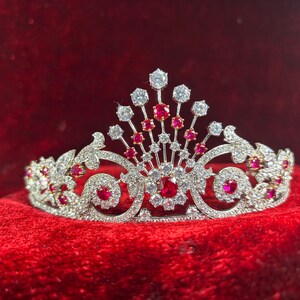 Vintage Style Ruby Tiara - Sterling Silver CZ Zircon Crown - Elegant ...
