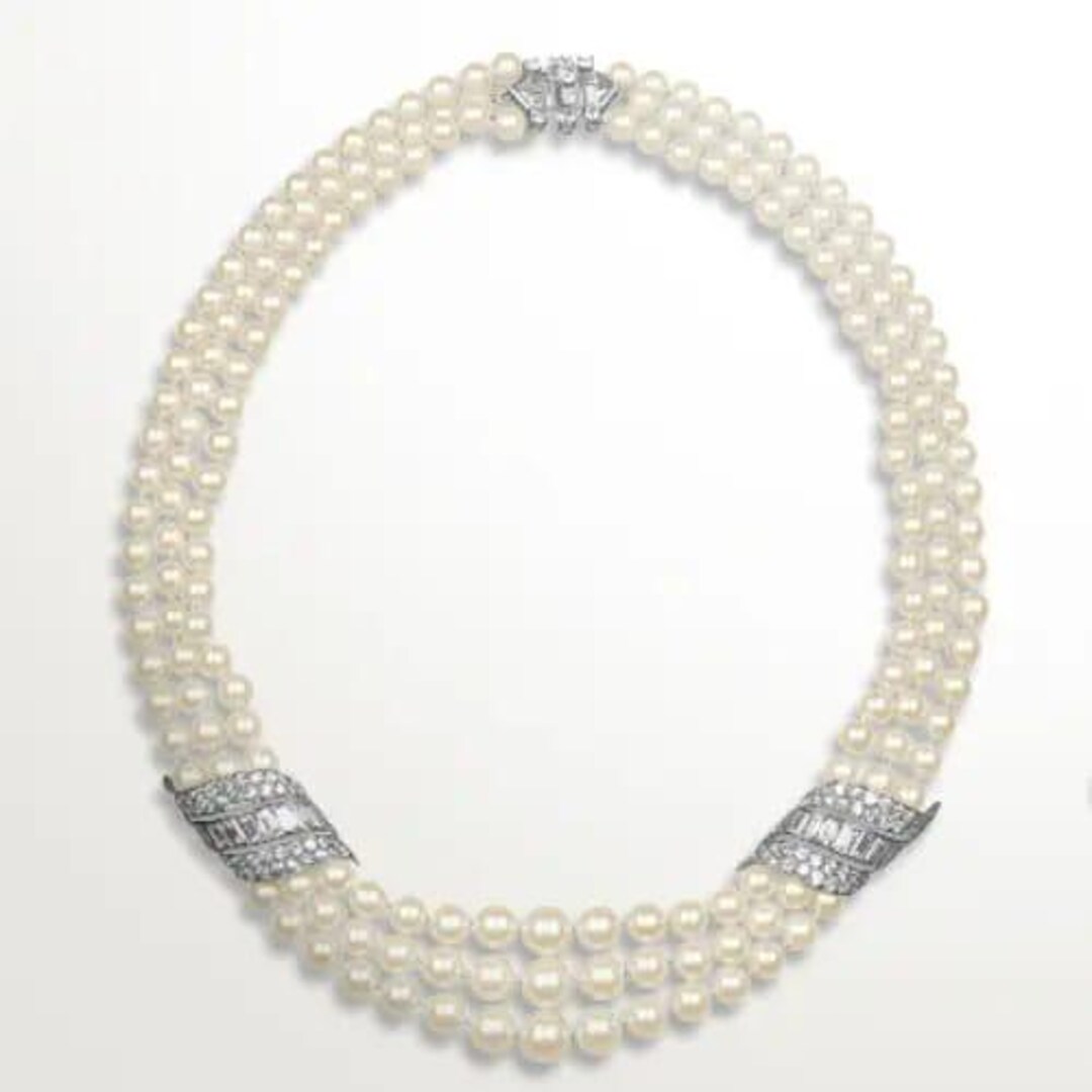 Grace Kelly 3 Strand Pearl Necklace in 925 Sterling Silver and Cubic ...