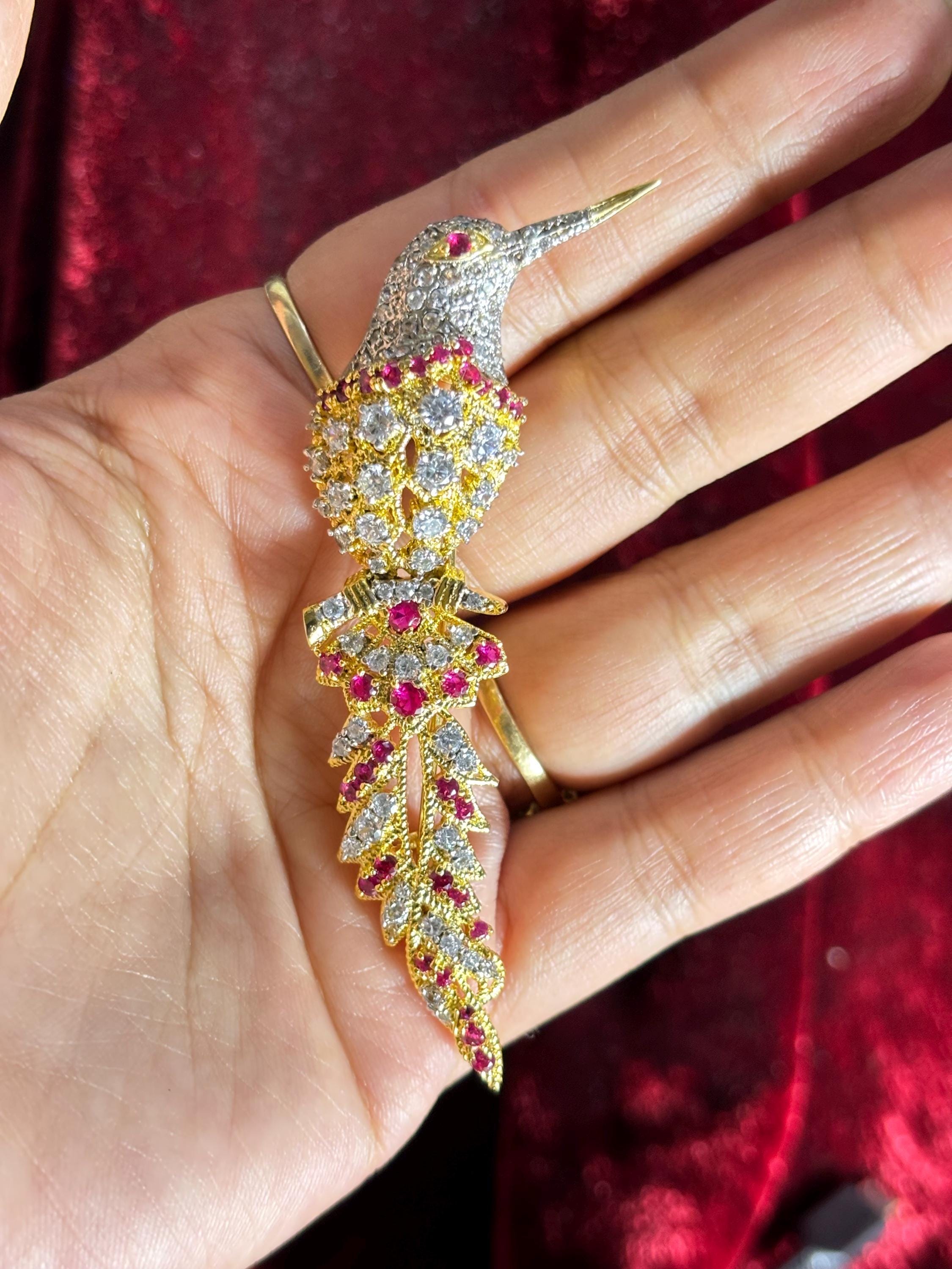 Art Deco Ruby and Cubic Zirconia Paradise Bird Brooch in 925 Sterling ...