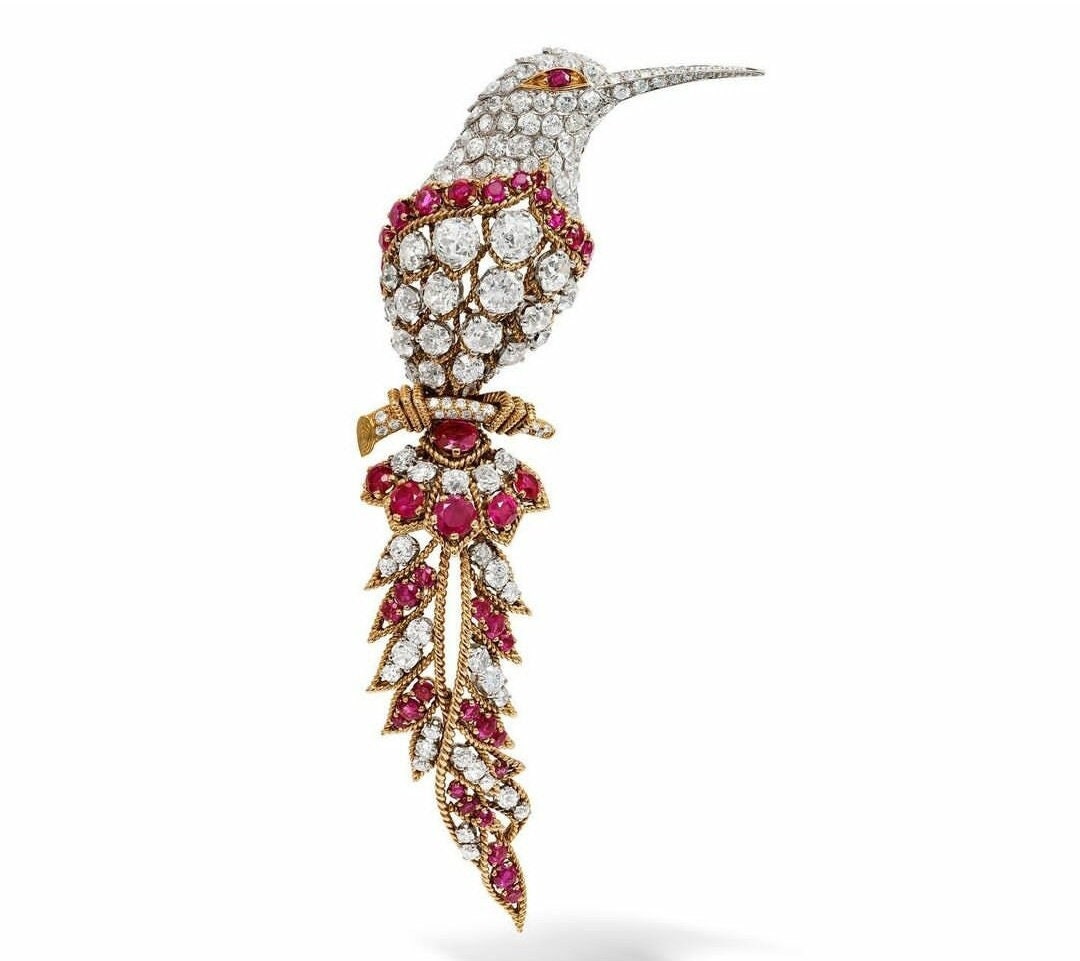 Art Deco Ruby and Cubic Zirconia Paradise Bird Brooch in 925 Sterling ...