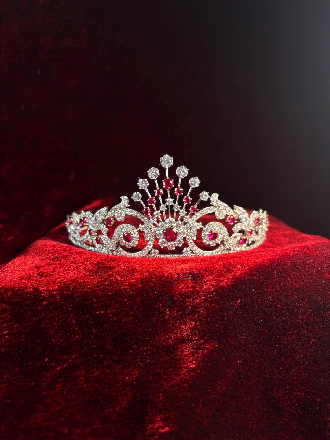 Vintage Style Ruby Tiara - Sterling Silver CZ Zircon Crown - Elegant ...