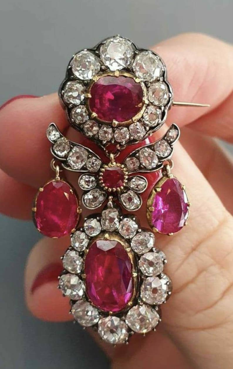 Vintage French Royal Brooch: Ruby, Natural Diamond, 925 Sterling Silver ...