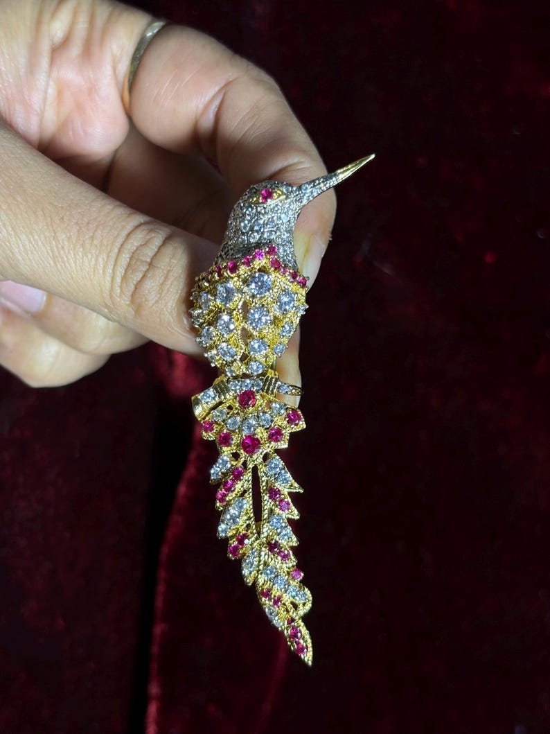 Art Deco Ruby and Cubic Zirconia Paradise Bird Brooch in 925 Sterling ...