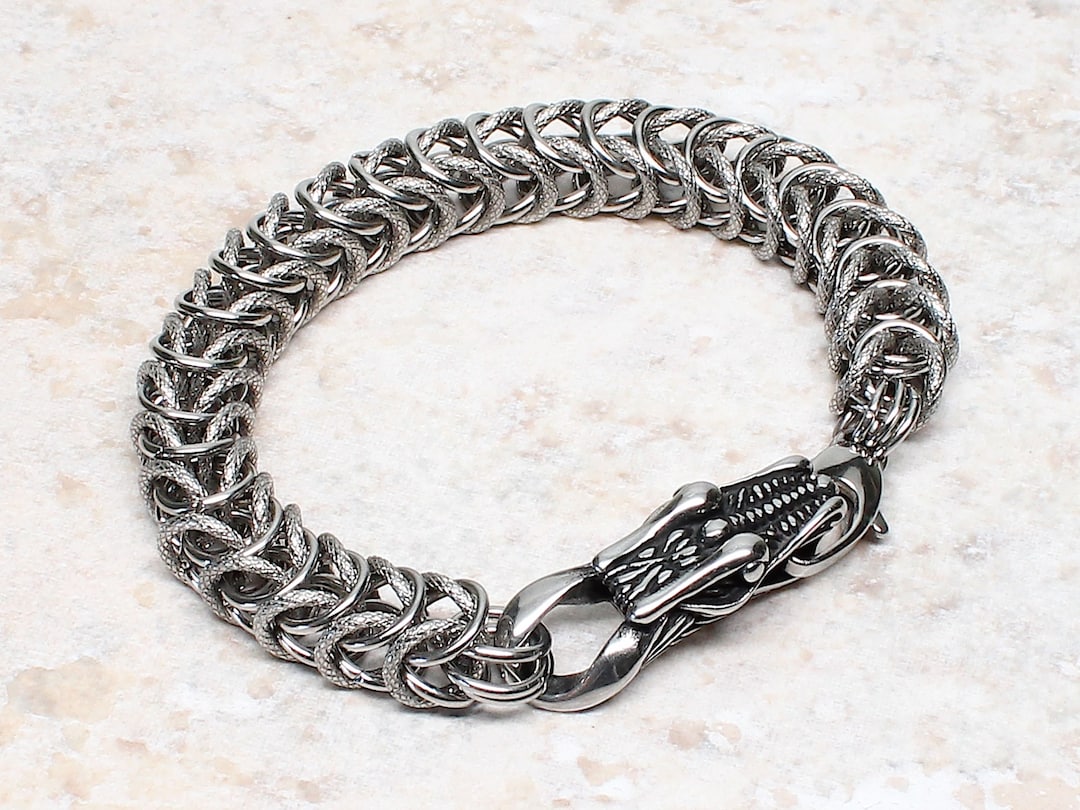 DRAGON SCALE Chain Maille Bracelet, Stainless Steel, Black Enameled ...