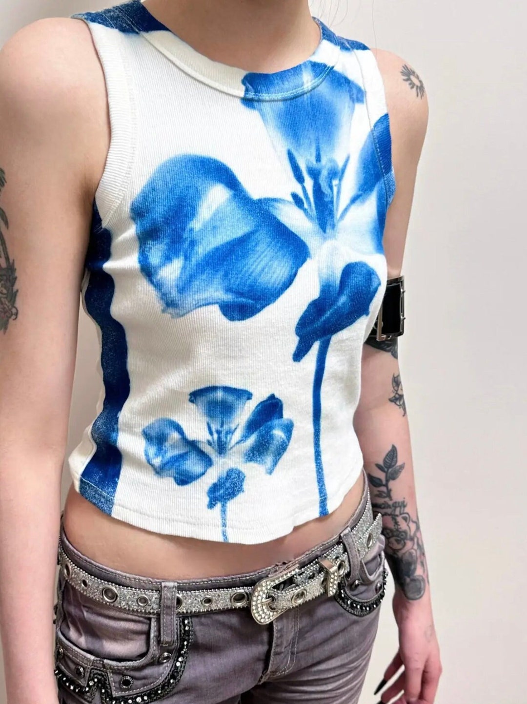 Tank Top Remake Flower Blue Print Y2K Crop Top - Etsy