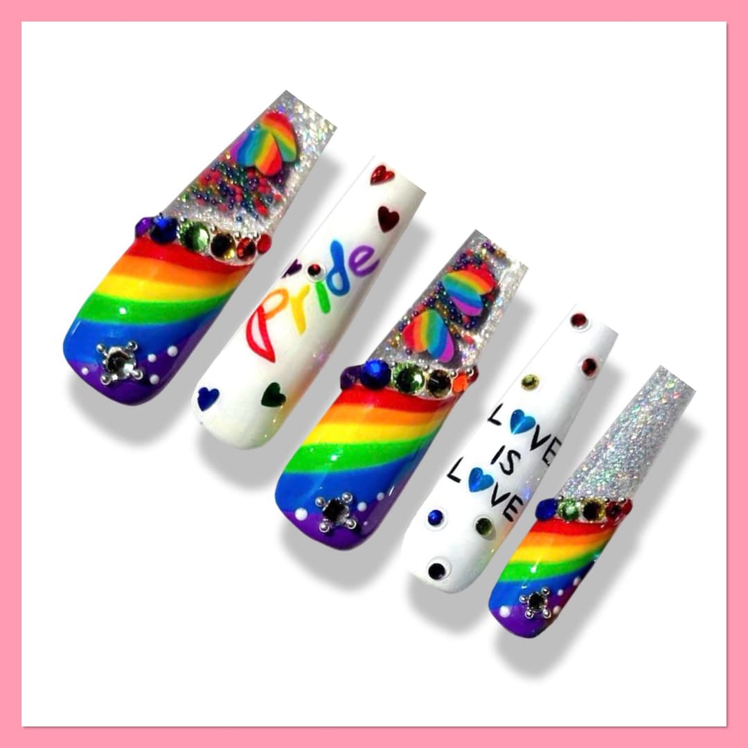 Rainbow Nails Gay Pride Nails Rhinestone Nails Pride Nails Crystal ...