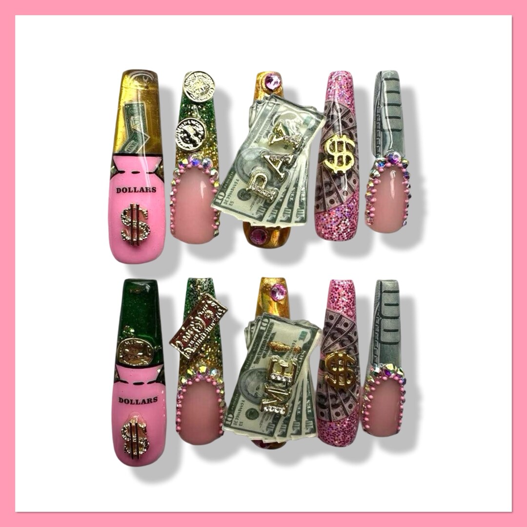 Green Money Press on Nails | Money Bag Press on Nails | Green Dollar ...