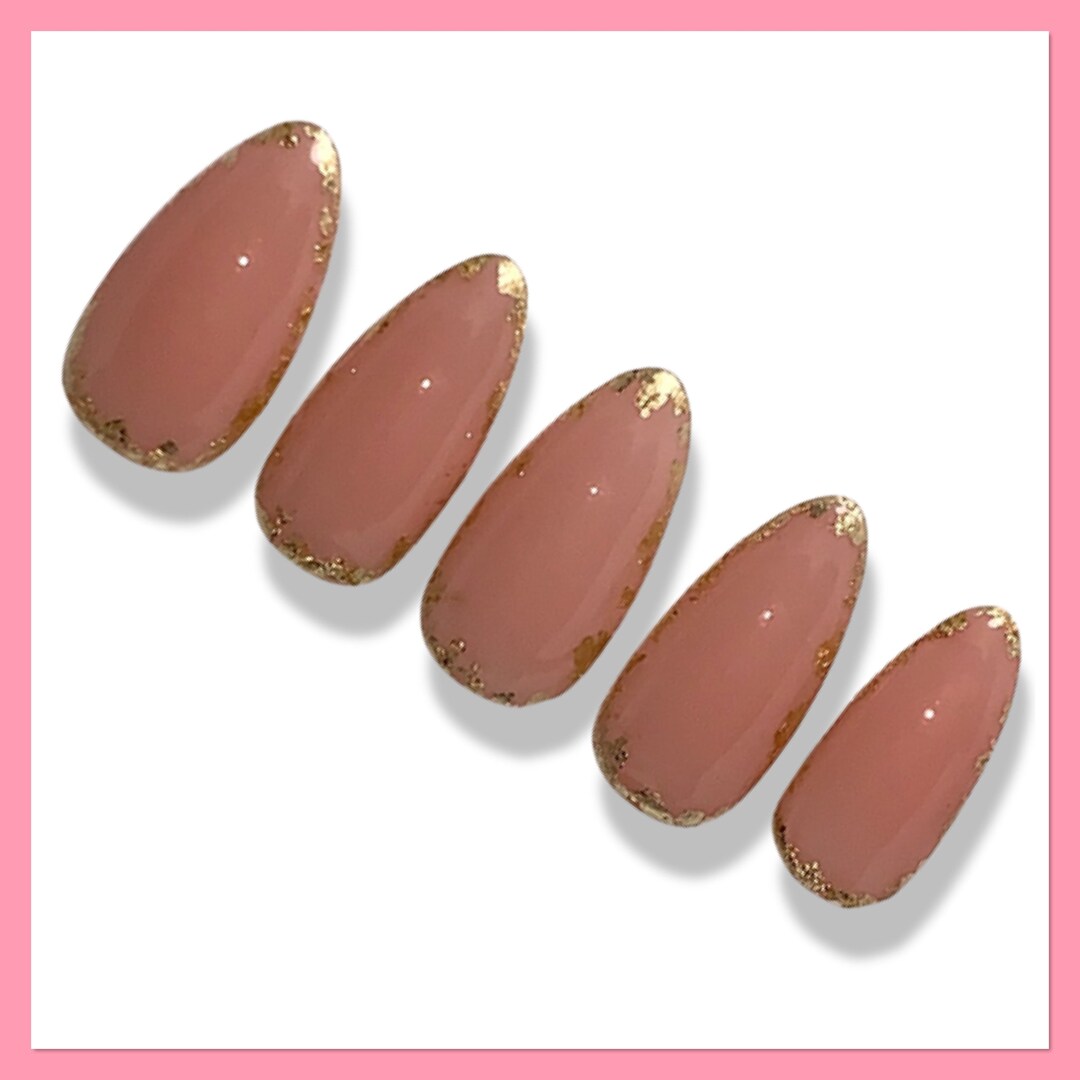 Nude Press on Nails Gold Leaf Nails Trendy Nails Pink Nails Jelly Press ...