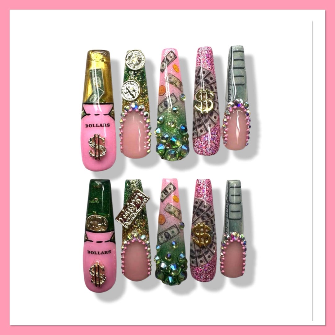 Green Money Press on Nails | Money Bag Press on Nails | Green Dollar ...