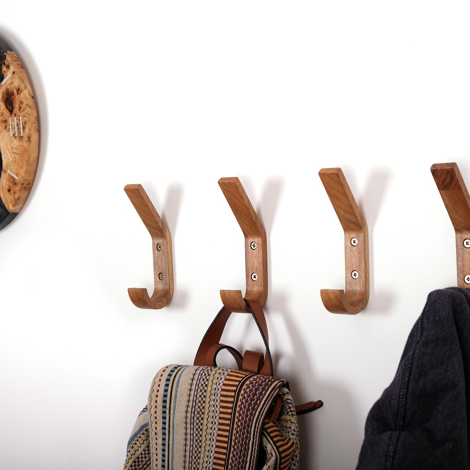 Scandinavian Wooden Wall Hook Set Modern Walnut Coat Hooks for Hallway ...