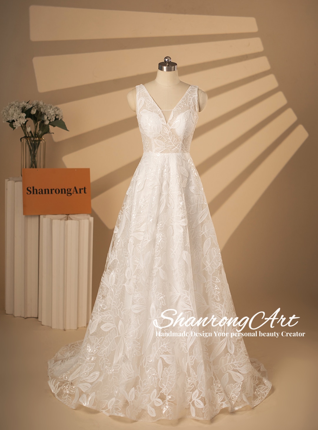 Ivory Fitted Leaf Lace Wedding Dress With Sheer V Neck, A Line Wedding ...