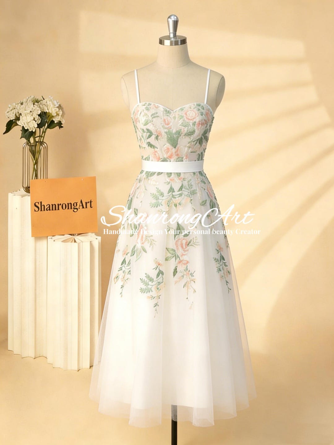 Charming Handmade Pink Rose Embroidery Dress Spaghetti Strap Heart Neck ...