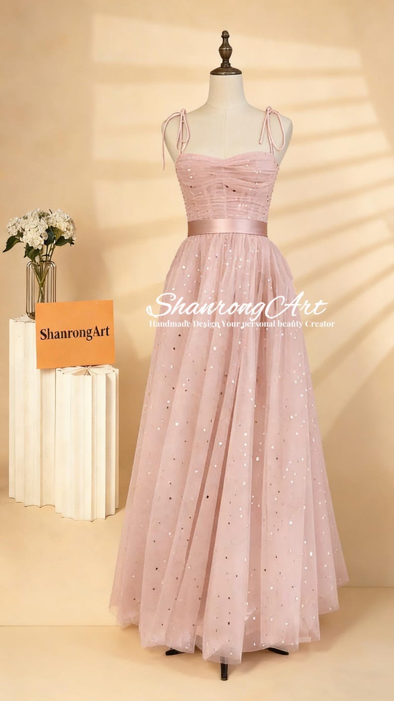 Blush Pink Tie-strap Sweetheart Sequin Tulle Gown - Ruched Bodice Maxi ...