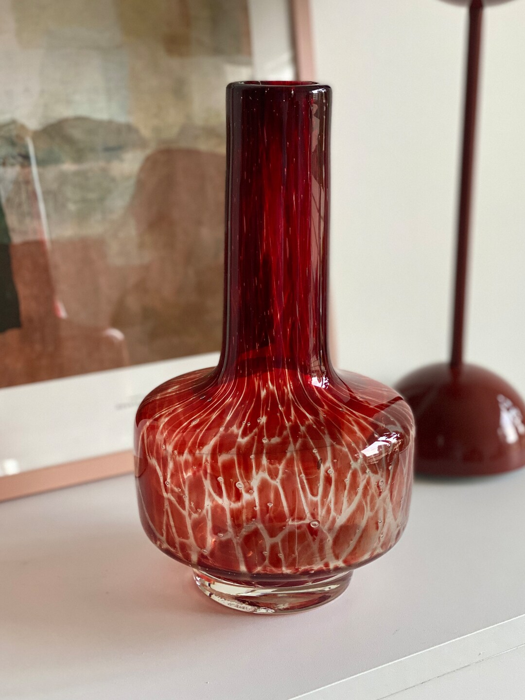 Large Red Glass Vase Murano Style Mid-century Vintage Decoration ...