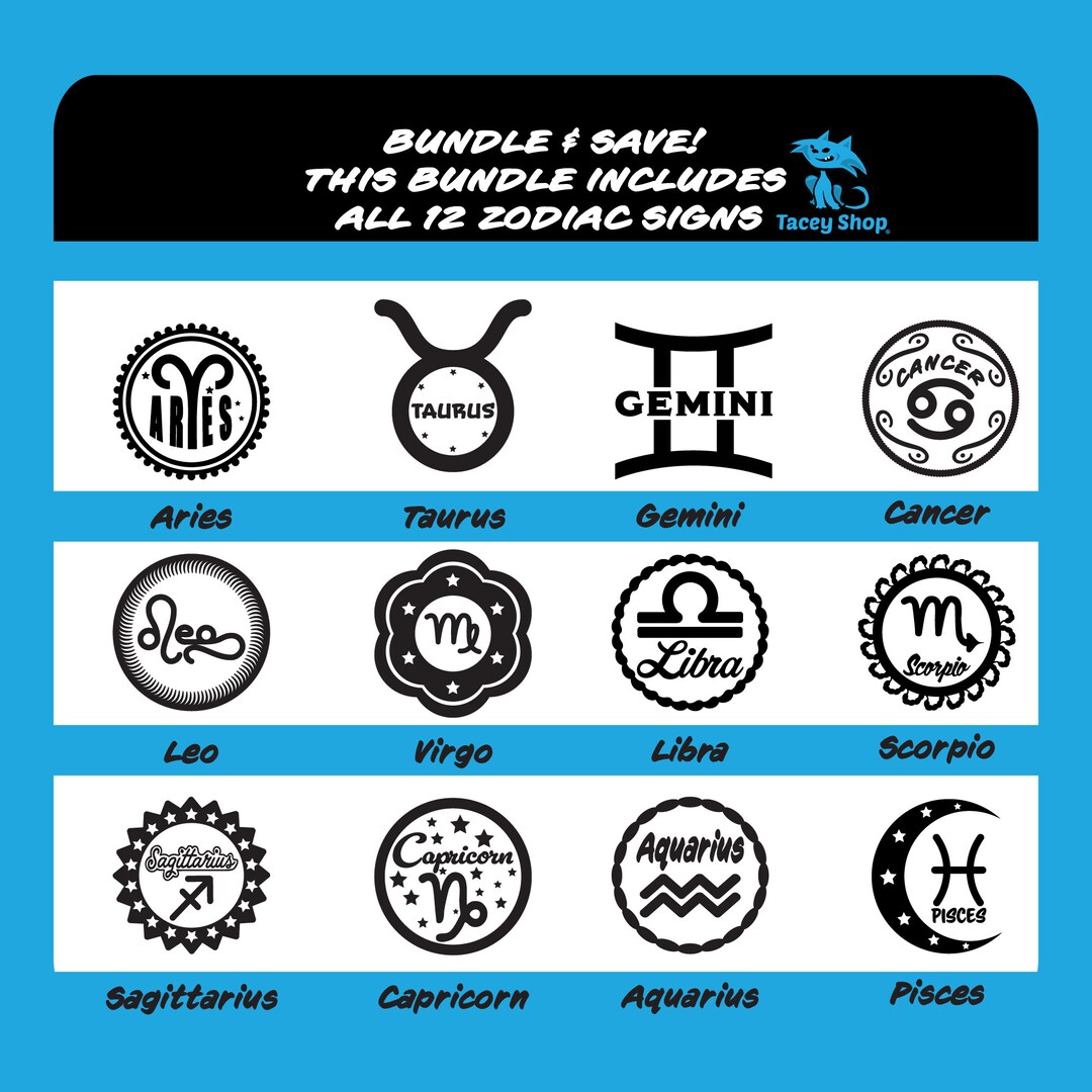 All Zodiac Signs SVG Cut File Bundle 12 Designs Horoscope Astrology for ...