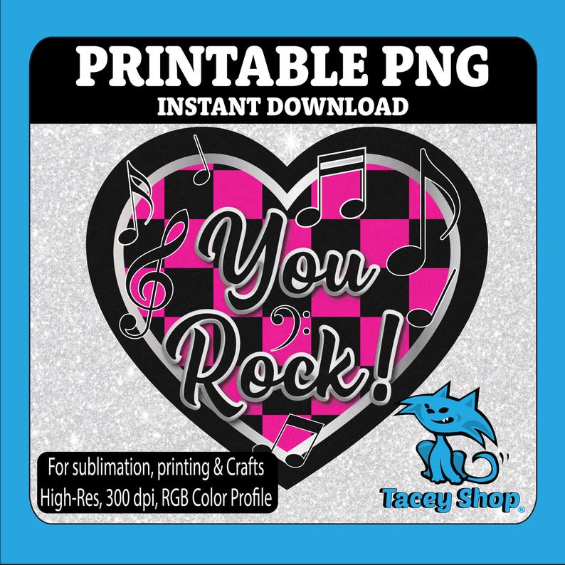 You Rock Heart PNG Music Lover Pink Checkerboard Band Gift Printable ...