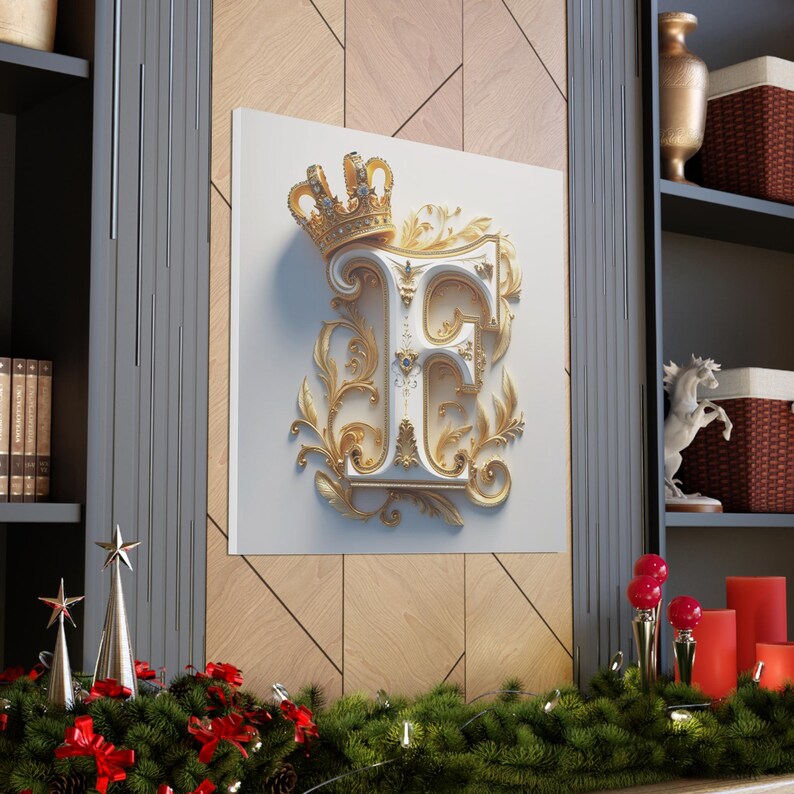 Canvas Gallery Wraps - Elegant Ivory and Gold 'F' Letter With Crown ...