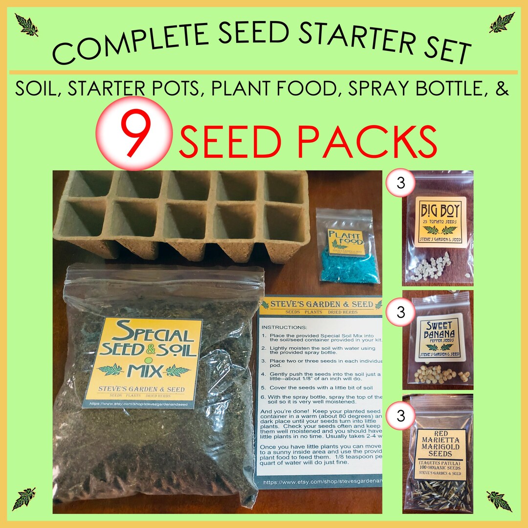 Starter Garden Set With 9 Seed Packs Starter Soil Pots Fertilizer, Big ...