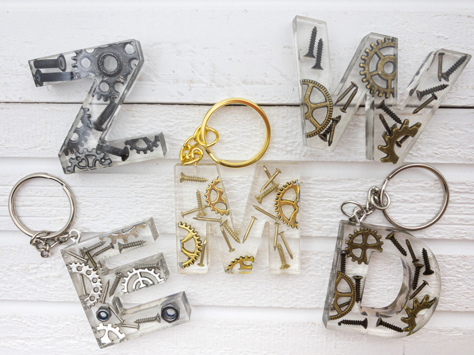 Customizable Steampunk Gears and Screws Resin Initial Keychain | Etsy
