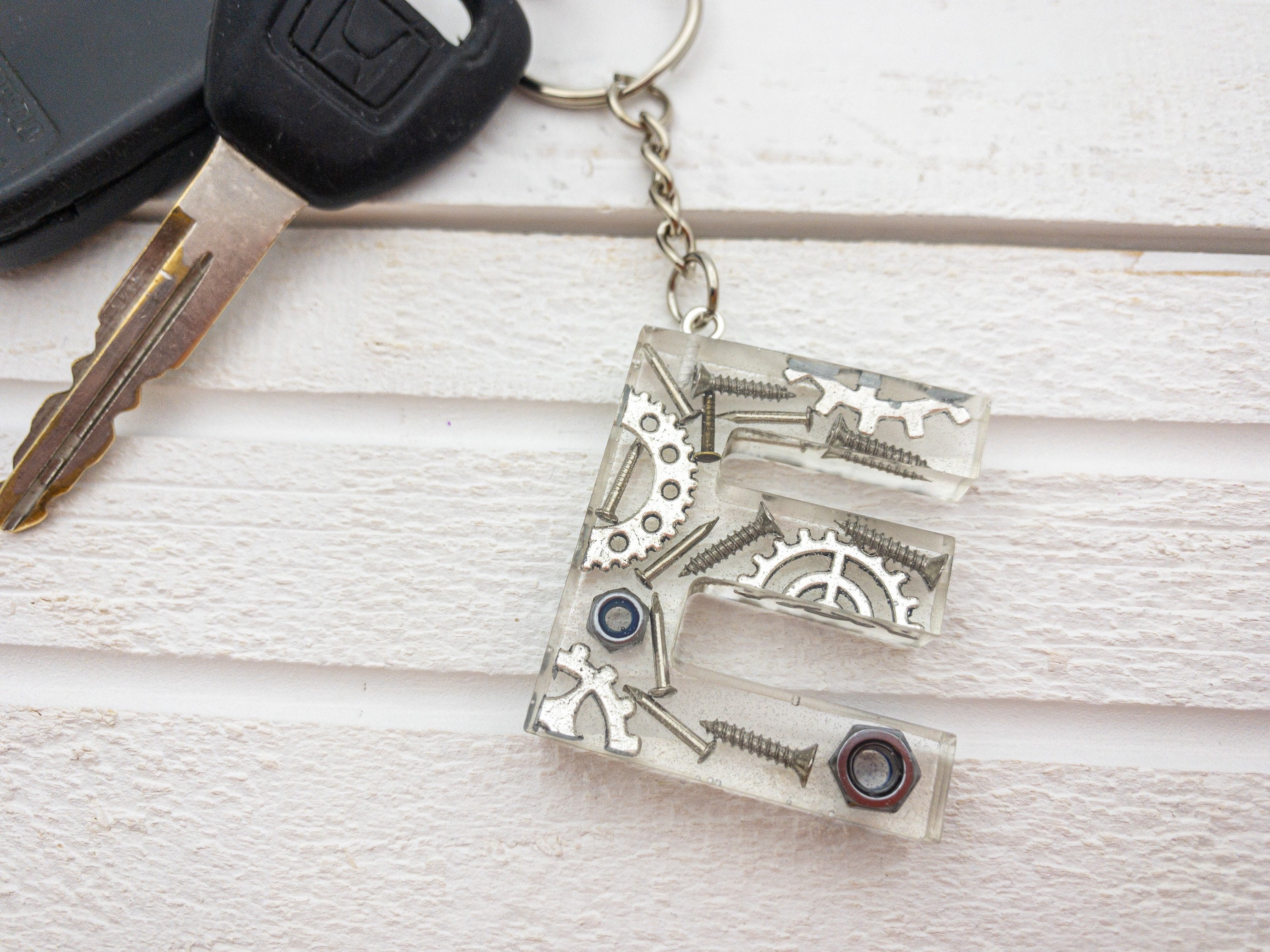 Customizable Steampunk Gears and Screws Resin Initial Keychain | Etsy