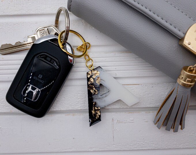 Customizable Black and White Marble Resin Initial Letter Keychain Key ...