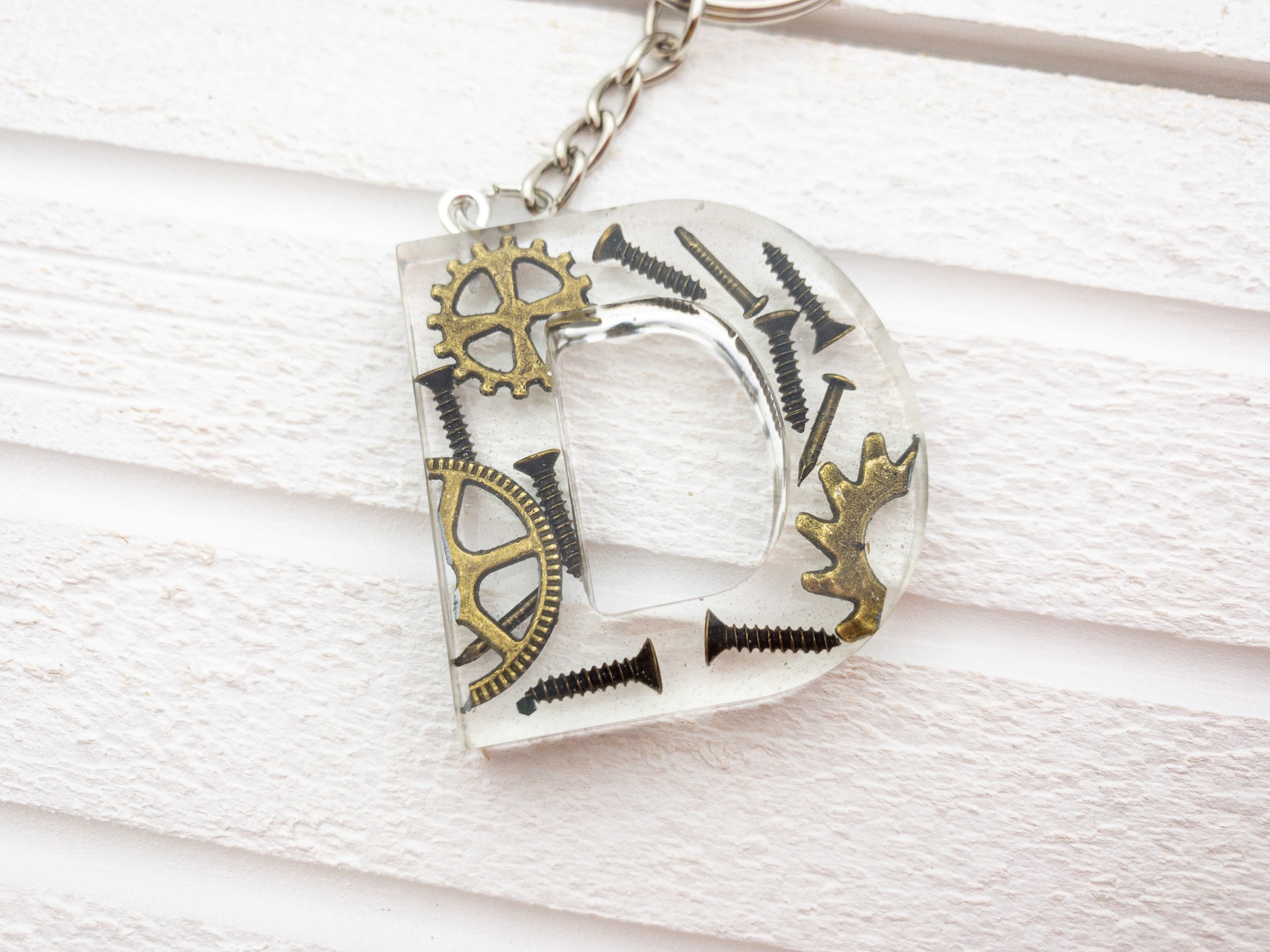 Customizable Steampunk Gears and Screws Resin Initial Keychain | Etsy