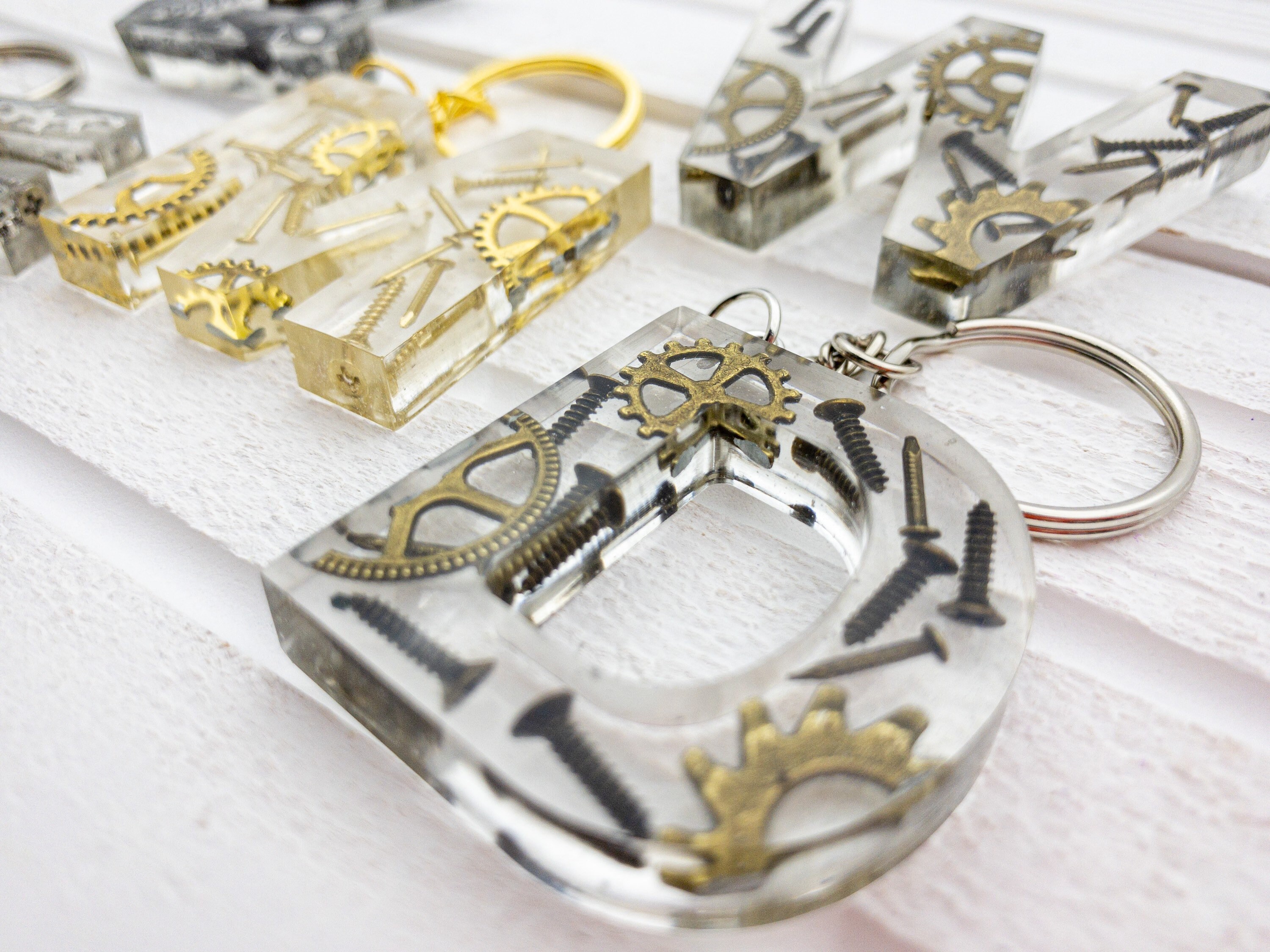 Customizable Steampunk Gears and Screws Resin Initial Keychain | Etsy