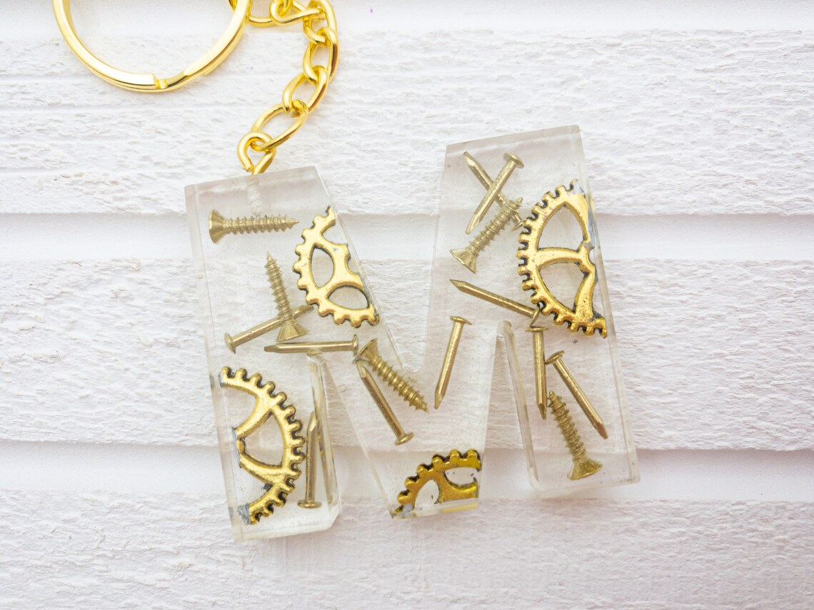 Customizable Steampunk Gears and Screws Resin Initial Keychain | Etsy