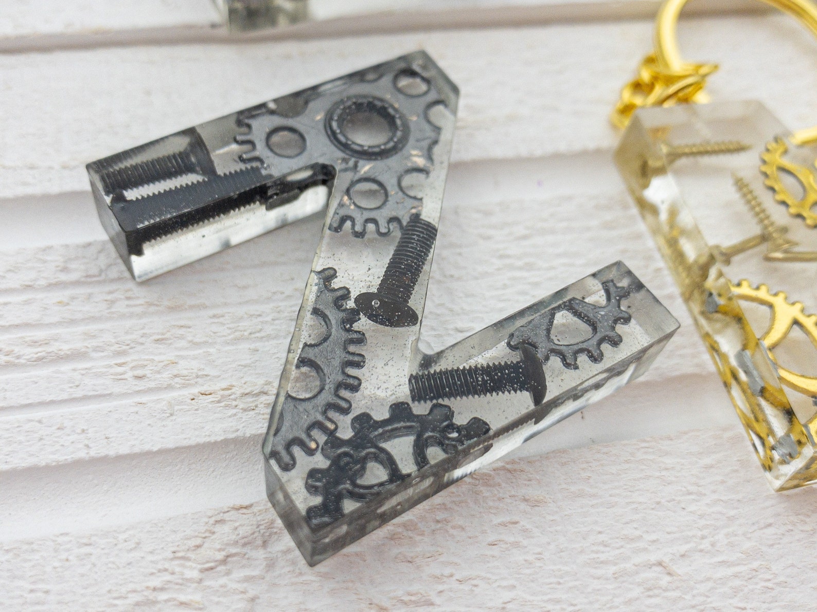 Customizable Steampunk Gears and Screws Resin Initial Keychain | Etsy