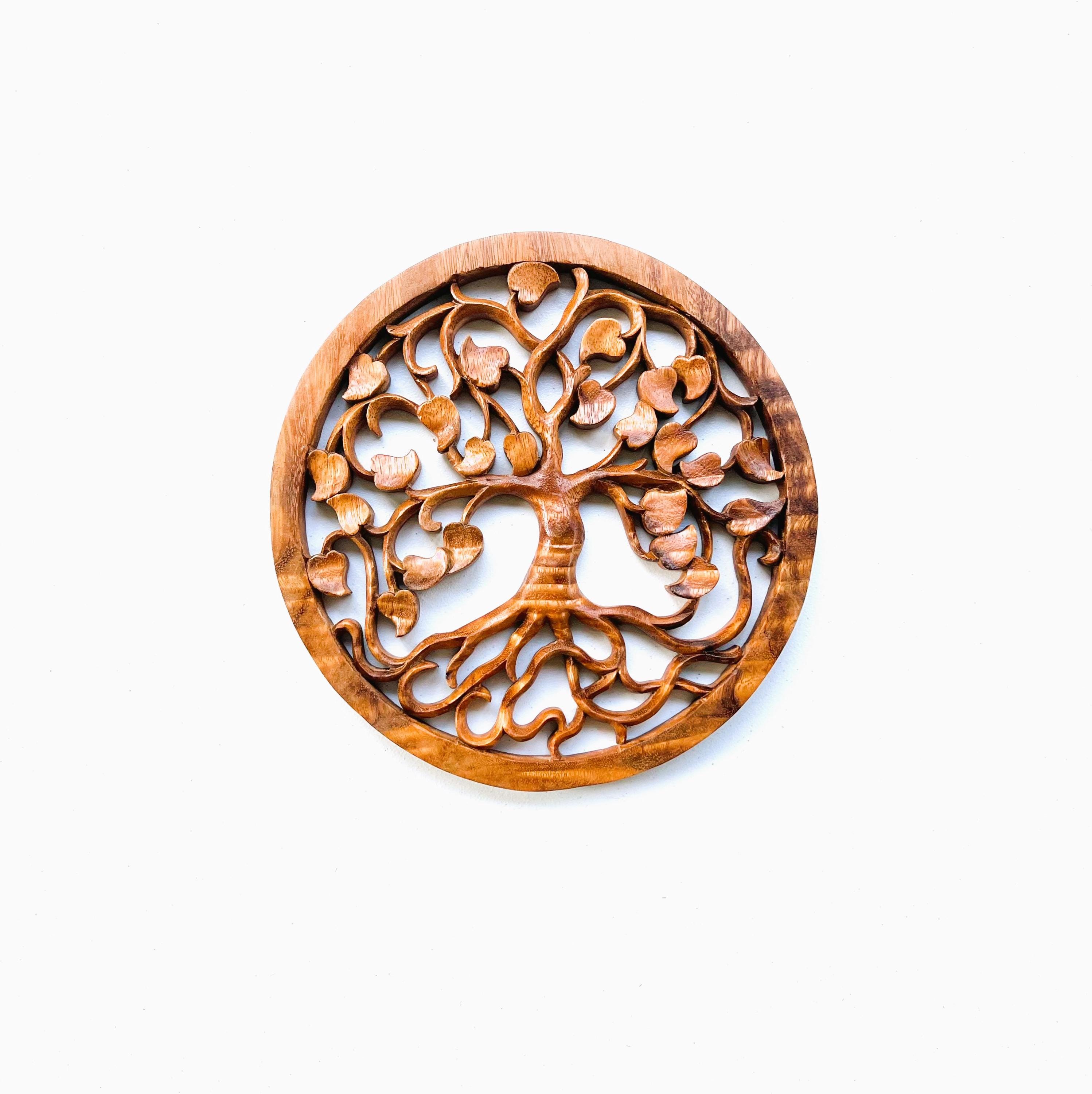 Teak Wood Leaf Tree Carving Circular Wall Art Decor Handcrafted Teak ...