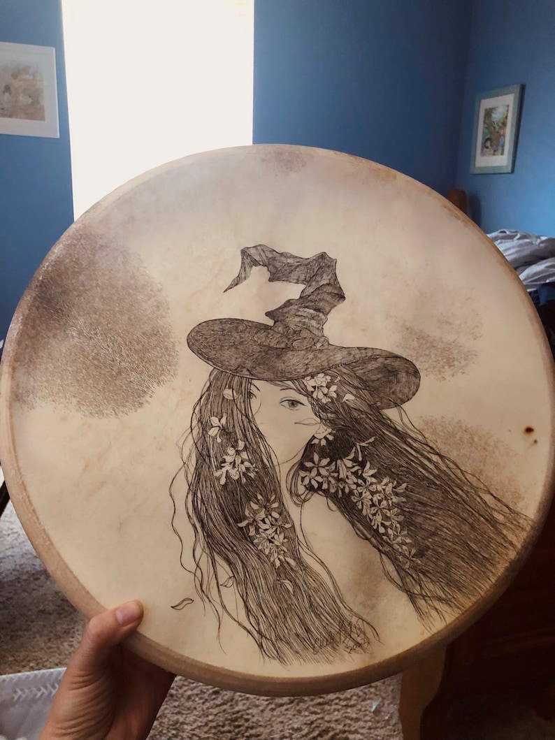 Tambor chamánico redondo de 16" con piel de cabra, dibujo a mano ...