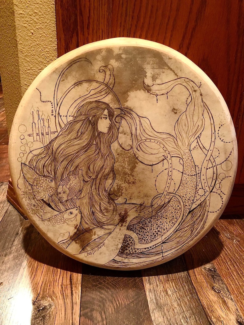 Tambor chamánico redondo de 16" con piel de cabra, dibujo a mano ...