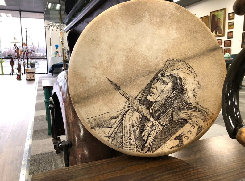 Tambor chamánico redondo de 16" con piel de cabra, dibujo a mano ...