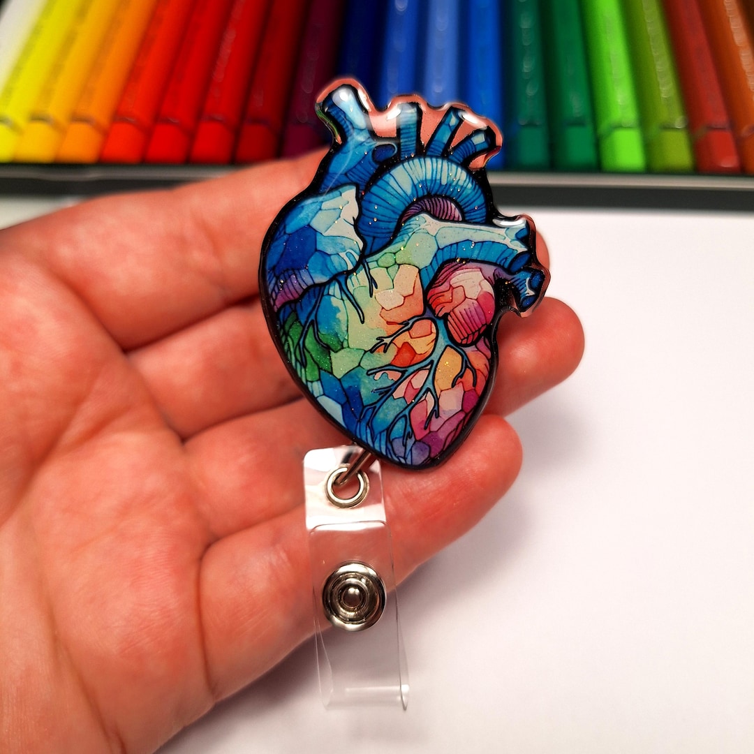 Watercolor Blue Heart, Medical Badge Reel, Cute Badge Reels, Glitter ...