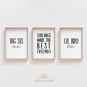 Black Watercolor Sibling Name Prints, Set of 3, Sibling Quote ...