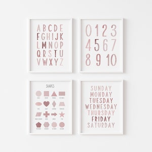 SET of 4 Educational Prints, Blush Pink Watercolor, Alphabet Numbers ...